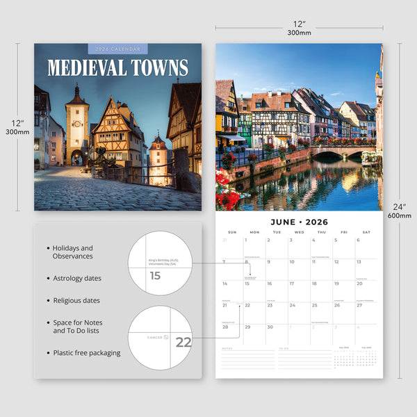 Red Robin 2026 Medieval Towns Monthly Wall Calendar | 12" x 24" Open ...