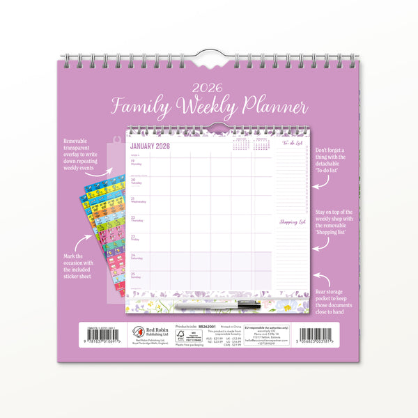 Red Robin 2026 Weekly Family Planner | Includes Pen & Stickers | 12" x ...